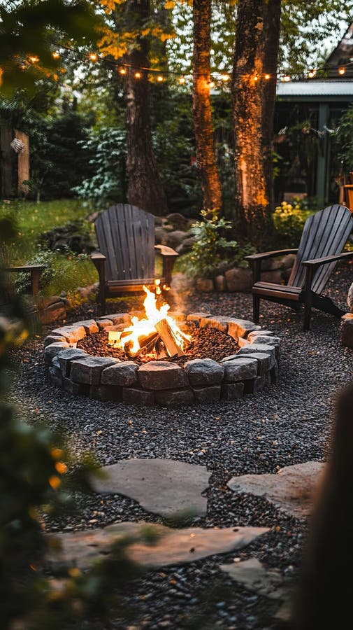 Cozy Fire Pit with Chairs Around it in a Garden. Stock Photo - Image of ...