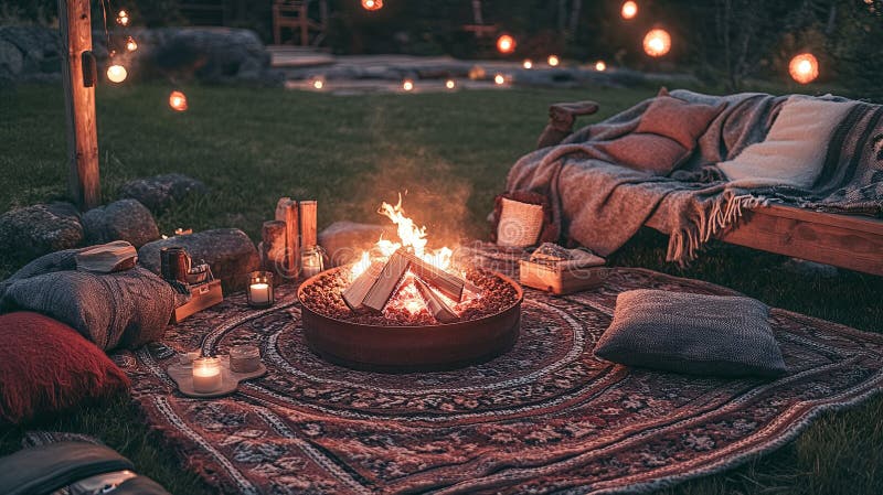A Cozy Fire Pit Setup with Smores Ingredients and Blankets for Stock ...