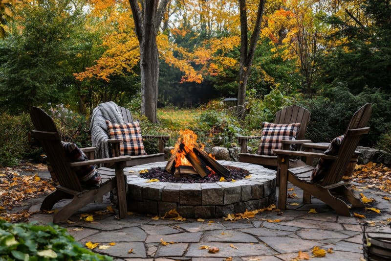 Cozy Fire Pit Surrounded by Adirondack Chairs in a Fall Forest Setting ...