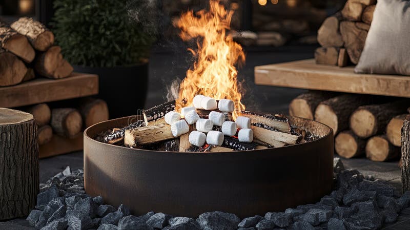A Cozy Fire Pit Surrounded by Logs and a Stack of Marshmallows Ready ...