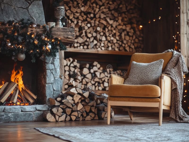 Cozy Fireplace and Armchair in a Rustic Cabin Setting Stock ...
