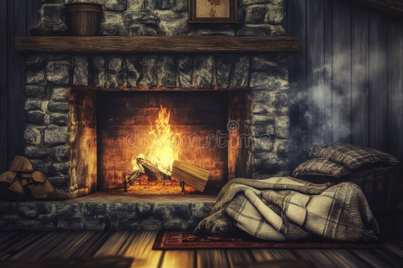 Cozy Fireplace with Burning Fire and Warm Blankets in a Rustic Cabin ...