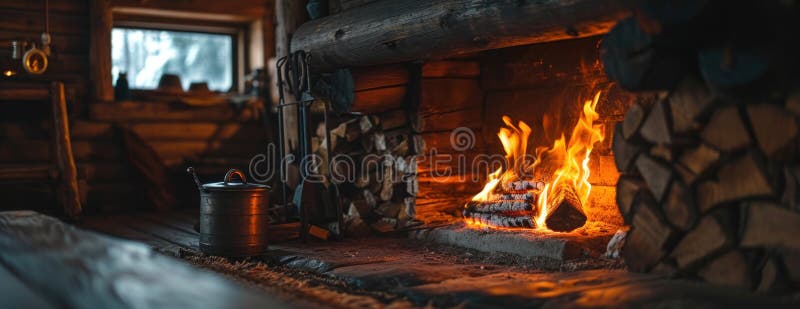 Cozy Fireplace Burning in Log Cabin Stock Image - Image of smoke ...