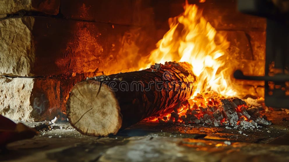 Cozy Fireplace with Burning Log and Glowing Embers Stock Photo - Image ...
