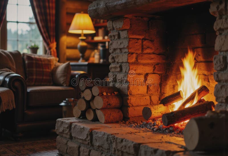 Cozy Fireplace with Burning Logs in a Rustic Cabin Setting Stock Photo ...