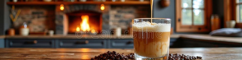 Cozy Fireplace Cafe with Creamy Coffee and Rustic Ambiance Stock Photo ...