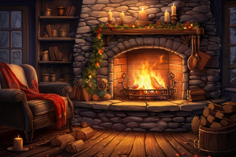 Cozy Fireplace Clip Art stock illustration. Illustration of tree ...