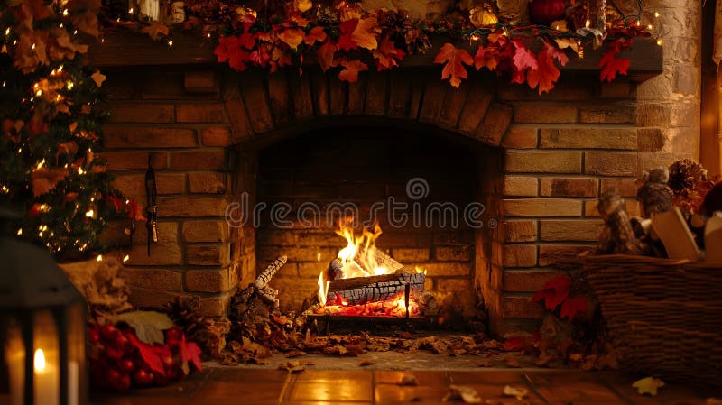 Cozy Fireplace with Crackling Fire Autumn Decorations Stock ...