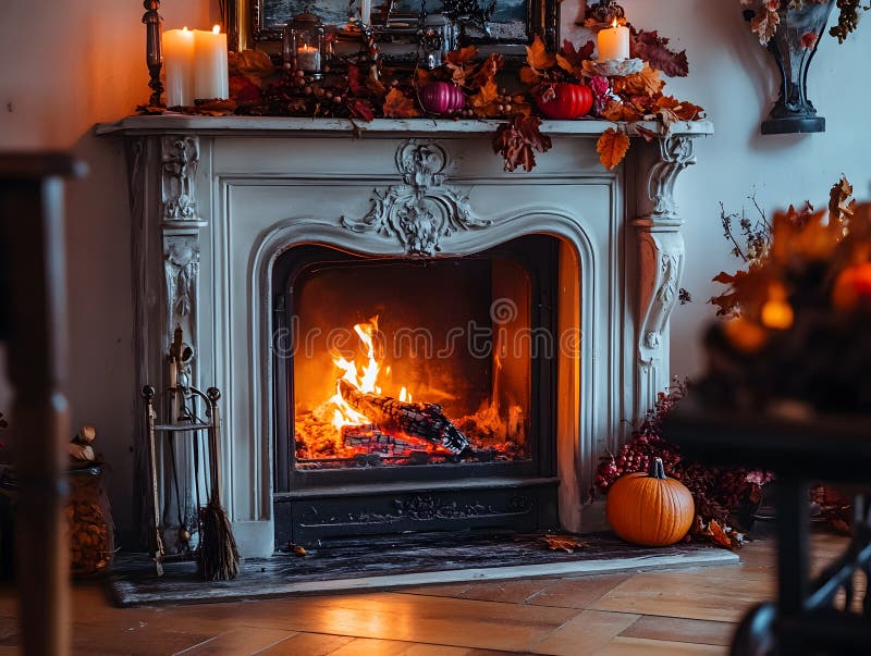 Cozy Fireplace with Crackling Fire Autumn Decorations Stock ...
