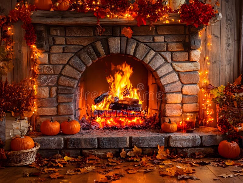 Cozy Fireplace with Crackling Fire Autumn Decorations Stock ...