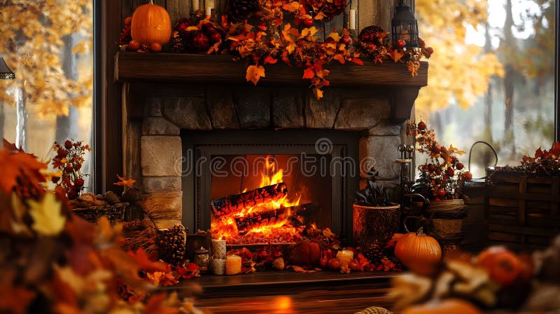 Cozy Fireplace with Crackling Fire Autumn Decorations Stock ...