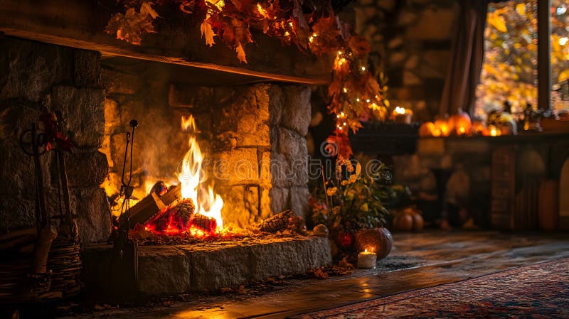 Cozy Fireplace with Crackling Fire Autumn Decorations Stock ...
