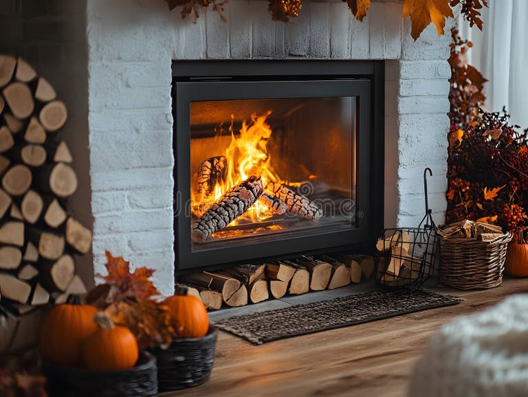 Cozy Fireplace with Crackling Fire Autumn Decorations Stock ...