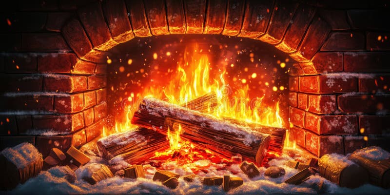 Cozy Fireplace Crackling Fire Snow Covered Logs Warm Setting Stock ...