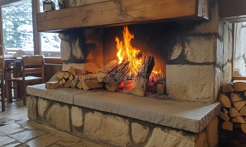 Cozy Fireplace with Crackling Fire, Stacked Logs, and Rustic Stone ...