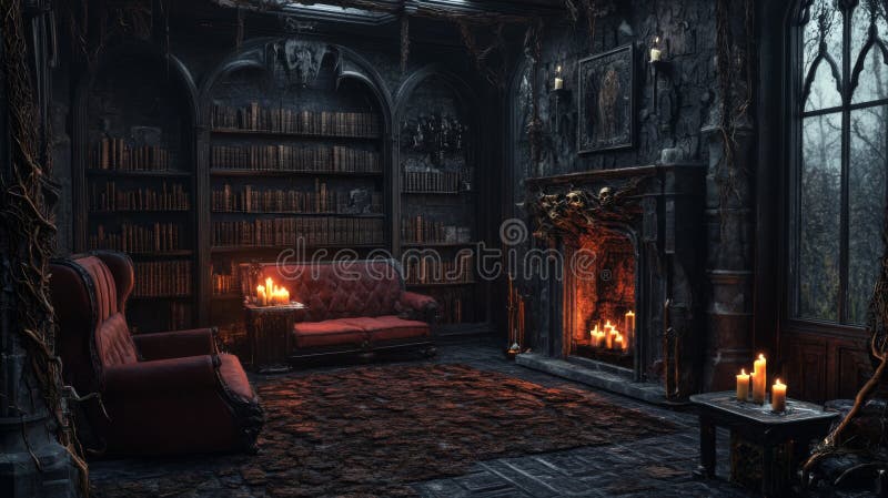 A Cozy Fireplace in a Haunted Library Stock Illustration - Illustration ...