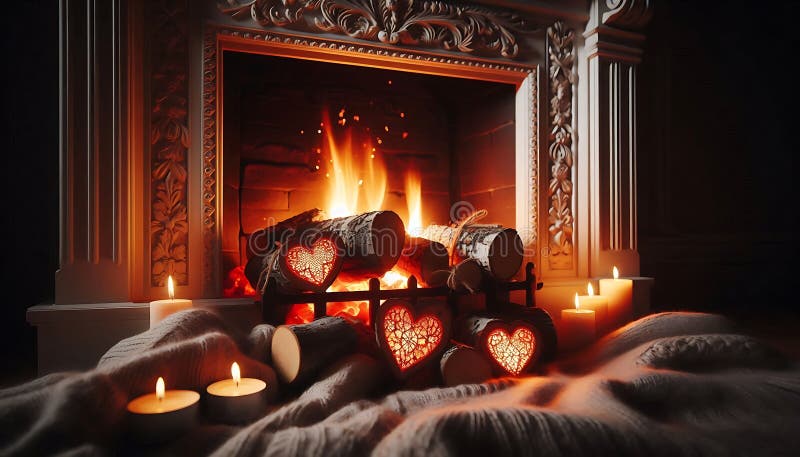 Cozy Fireplace with Heart Shaped Embers Glowing Softly. Stock Image ...