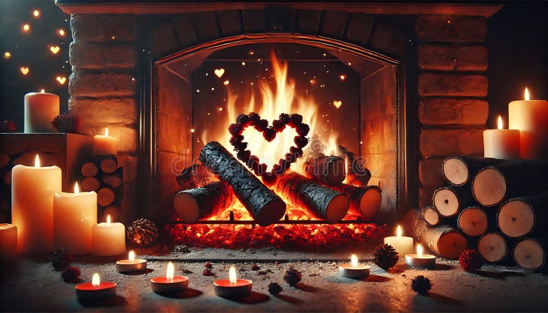 Cozy Fireplace with Heart Shaped Embers Glowing Softly. Stock Photo ...