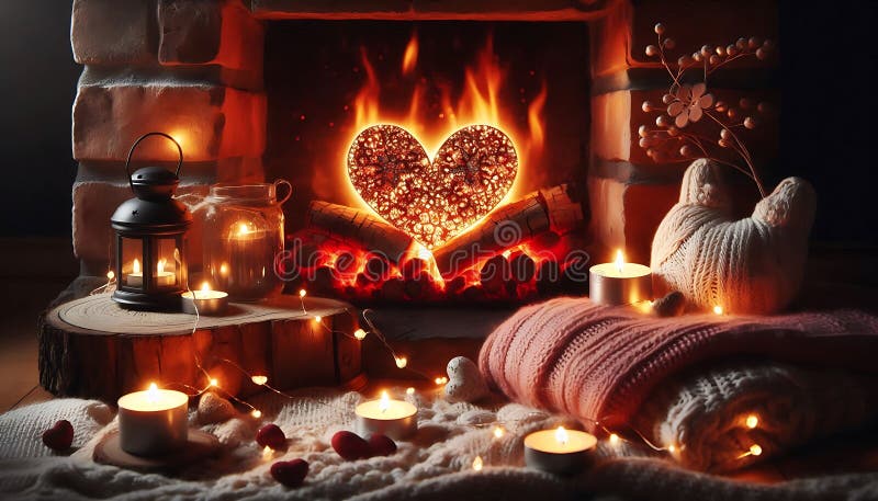 Cozy Fireplace with Heart Shaped Embers Glowing Softly. Stock Photo ...