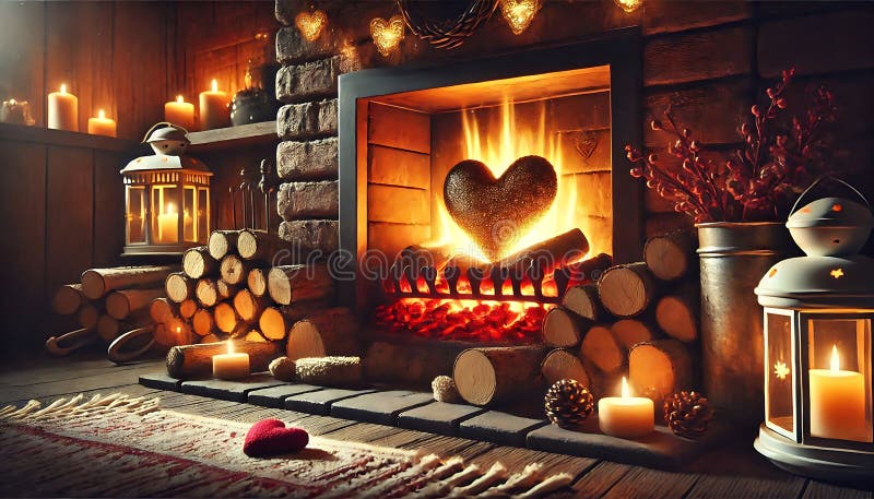 Cozy Fireplace with Heart Shaped Embers Glowing Softly. Stock Photo ...