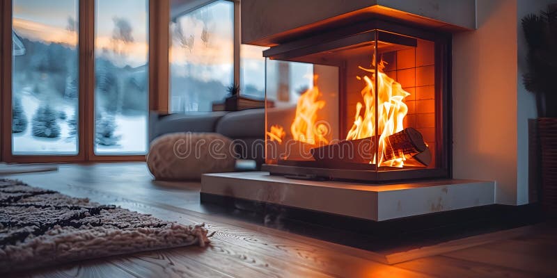 Cozy Fireplace in a Modern Home on a Cold Winter Day. Concept Modern ...
