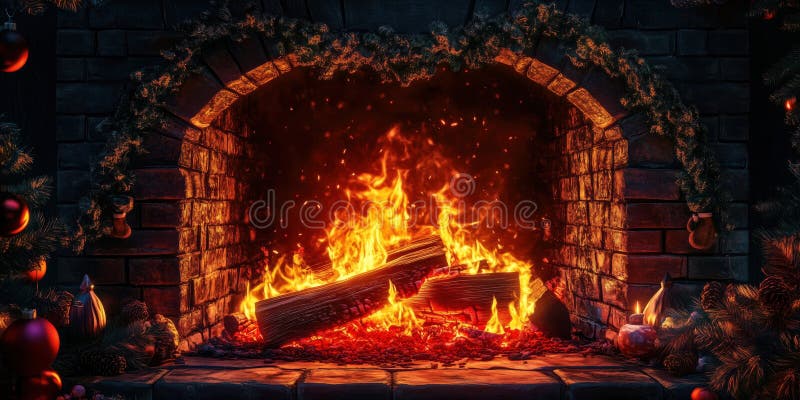Cozy Fireplace with Roaring Flames and Festive Decorations for Winter ...