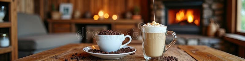 Cozy Fireplace Scene with Coffee Beans and Latte in Rustic Cabin ...