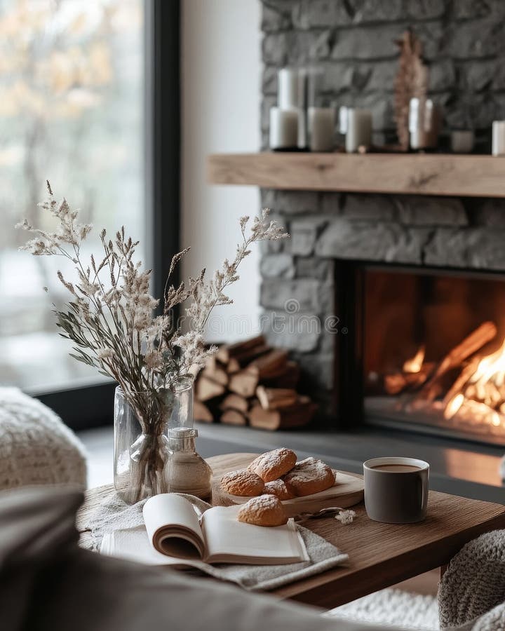 Cozy Fireplace Scene with Cookies, Coffee, and Flowers Creating Warmth ...