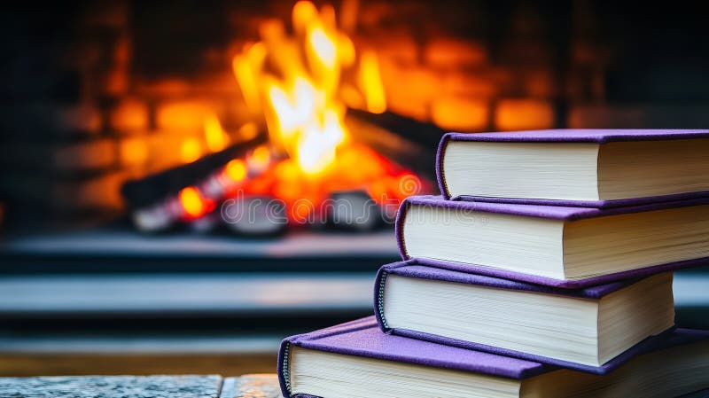 Cozy Fireplace Scene with Stack of Purple Books Royalty Free Image ...