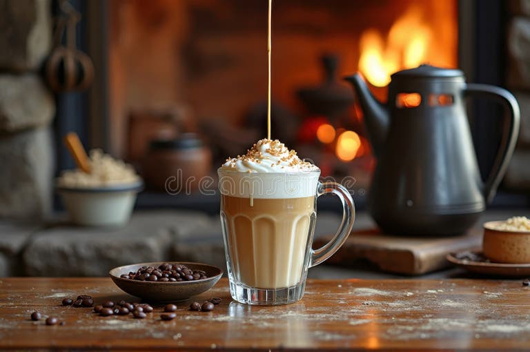 Cozy Fireplace Setting with Creamy Caramel Latte and Rustic Coffee Pot ...