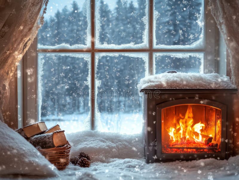 Cozy Fireplace with Snowy Window View Stock Illustration - Illustration ...