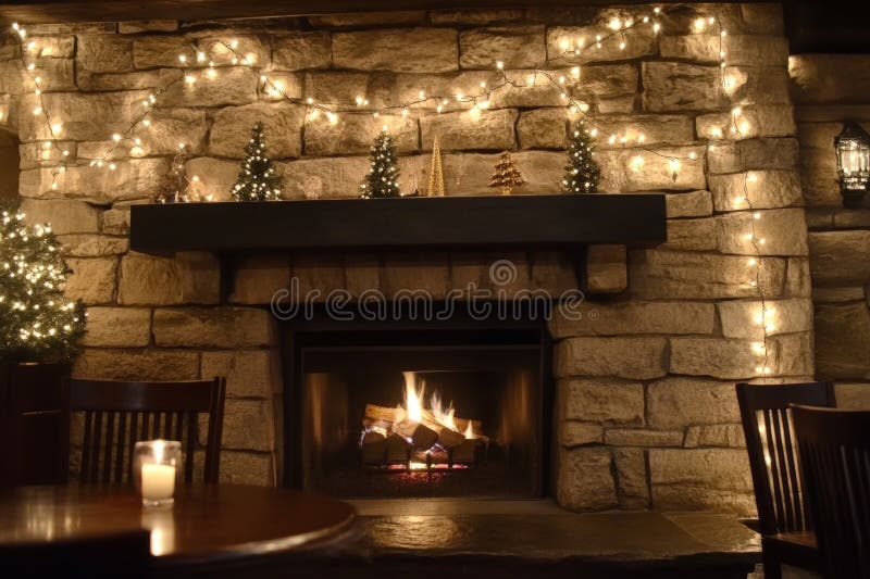 Cozy Fireplace with String Lights and Rustic Decor in a Warm, Inviting ...