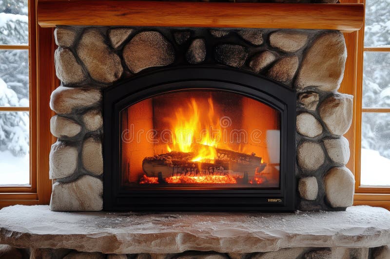 Cozy Fireplace with a Warm Fire and a Rustic Stone Mantle. Stock Photo ...