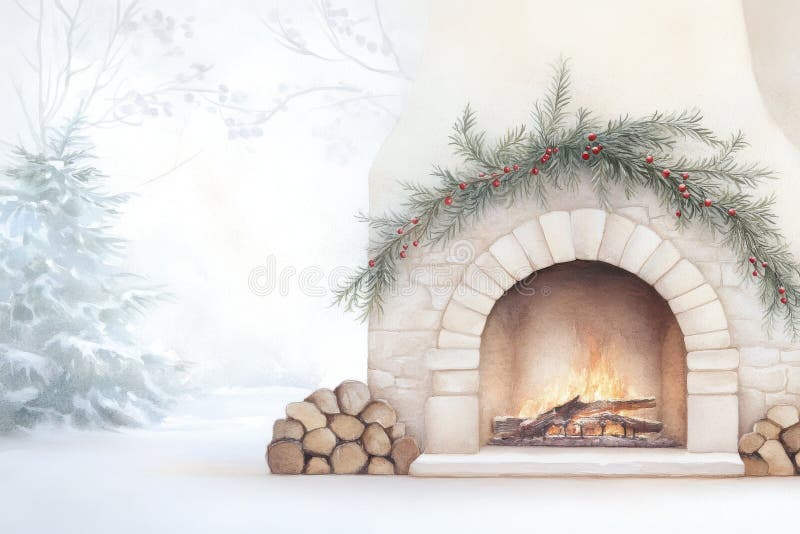 Cozy Fireplace with Warm Fire, Surrounded by Winter Scenery Stock ...