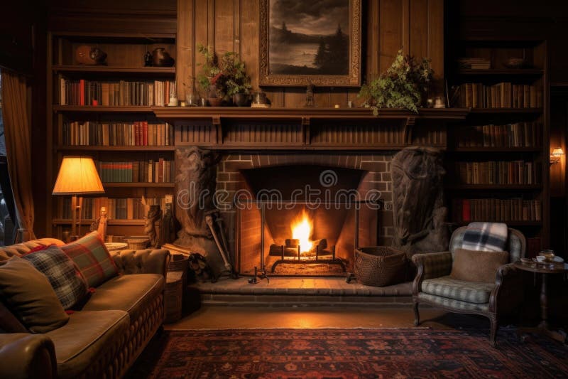 Cozy Fireplace in a Wood-panelled Den Stock Photo - Image of generated ...