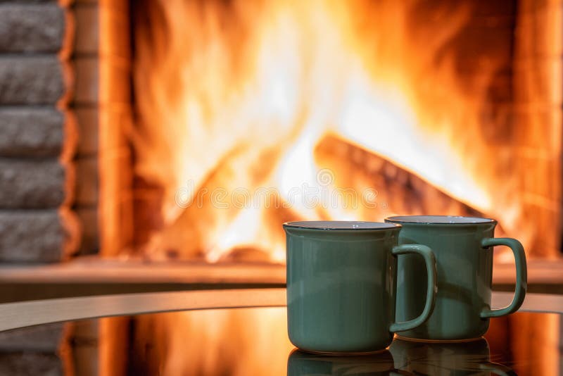 Cozy Fireplaceand and Green Tea Mugs , Orange Fire Stock Image - Image ...