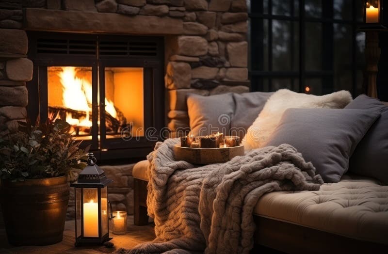 Cozy Fireside of a Living Room with a Wool Blanket and Candles for a ...