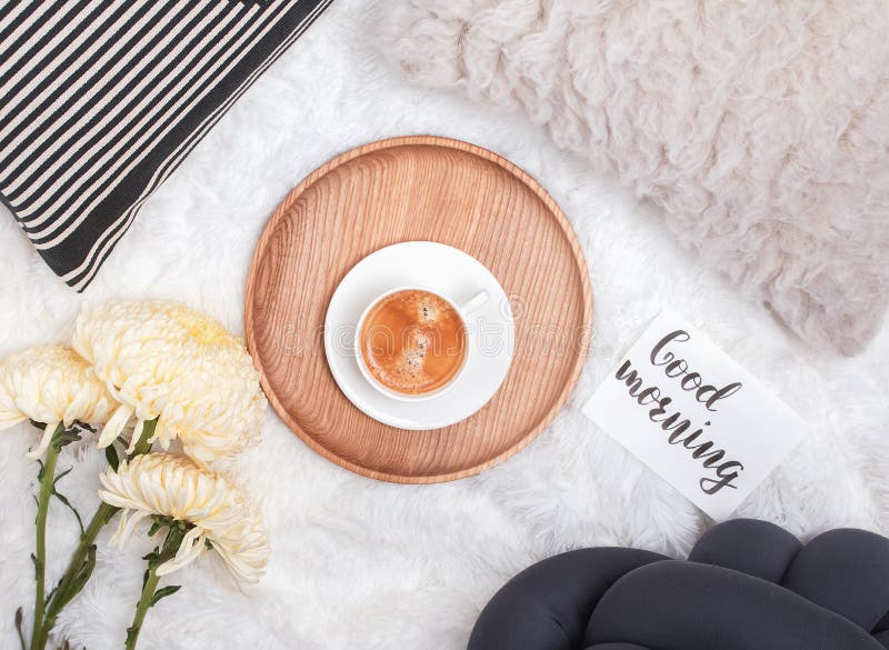 Cozy Flat Lay with Coffee and Flowers on the Bed. Stock Photo - Image ...