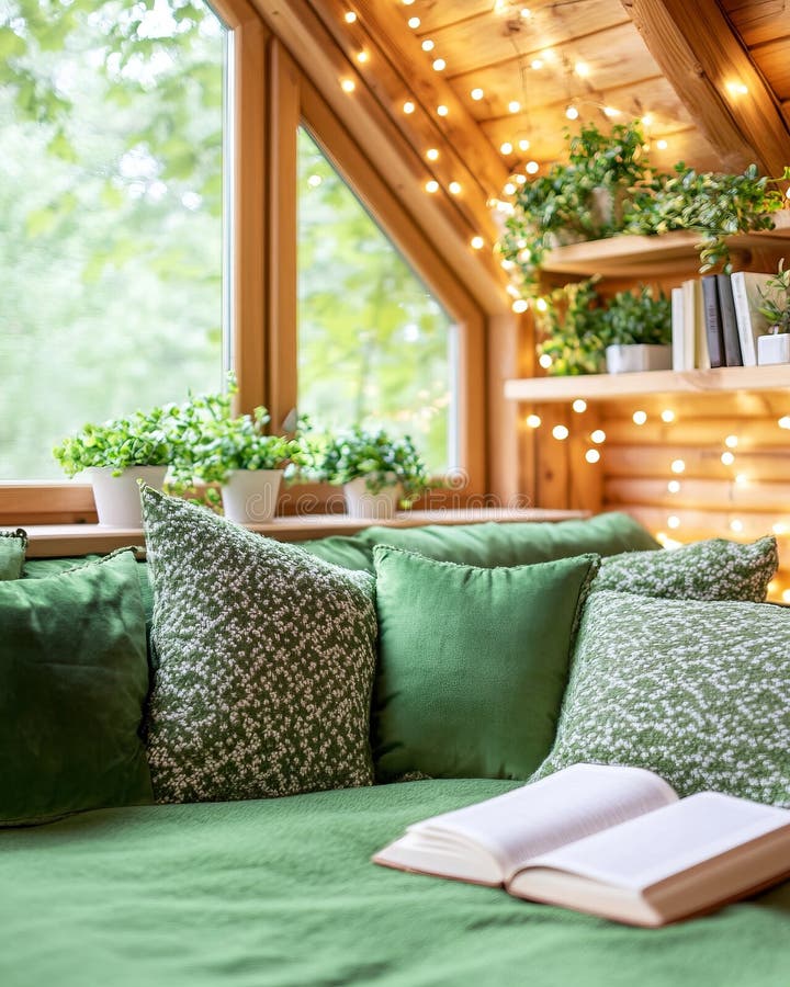 Cozy Forest Cabin Interior with Olive Green Decor and Soft Lighting for ...