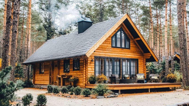 Cozy Forest Cabin, Wood Deck, Smoke, Trees, Rental Stock Photo - Image ...