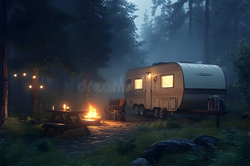 Cozy Forest Campsite with Caravan and Campfire at Dusk Stock Image ...