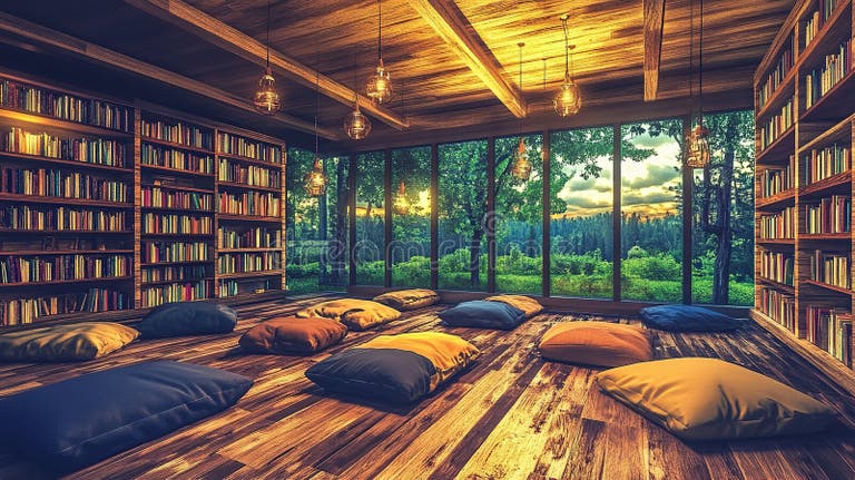 Cozy Forest Library Reading Room Sunset View Stock Image - Image of ...