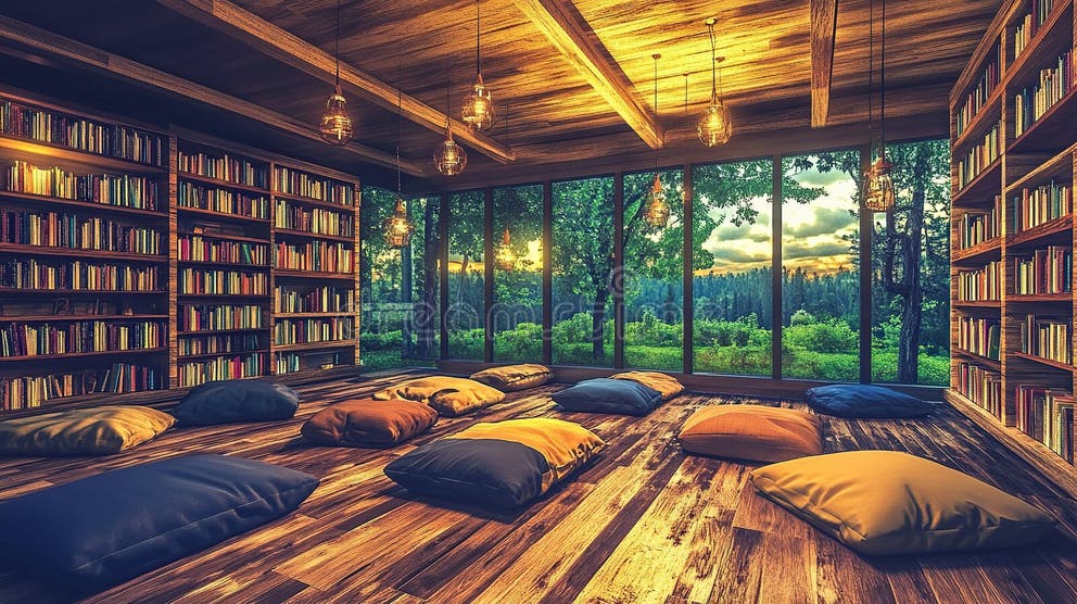 Cozy Forest Library Reading Room Sunset View Stock Image - Image of ...