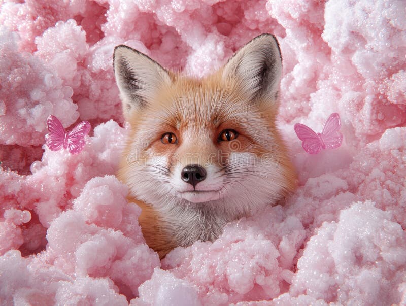 Cozy fox in pink snow stock illustration. Illustration of crystal ...