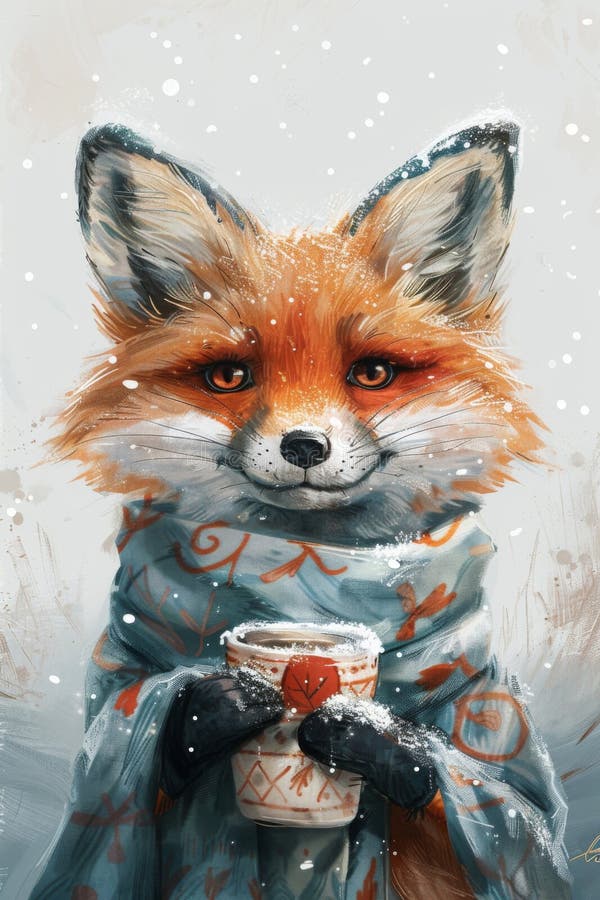 Cozy Fox in Winter Scarf Holding Hot Drink with Snowfall Background ...
