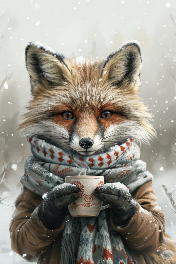 Cozy Fox in Winter Scarf Holding Hot Drink with Snowfall Background Stock Photo - Image of ...