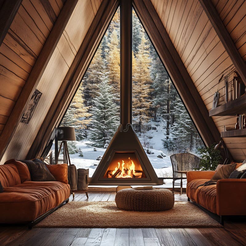 A Cozy a-frame Cabin Interior with Large Triangular Windows Showing a ...