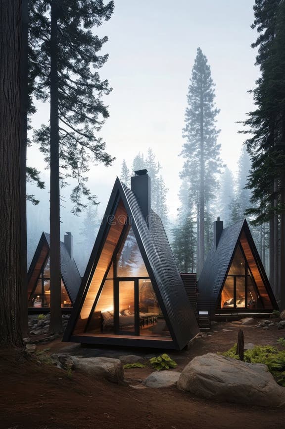 Cozy a-Frame Cabins in Misty Forest Settings with Warm Interior ...