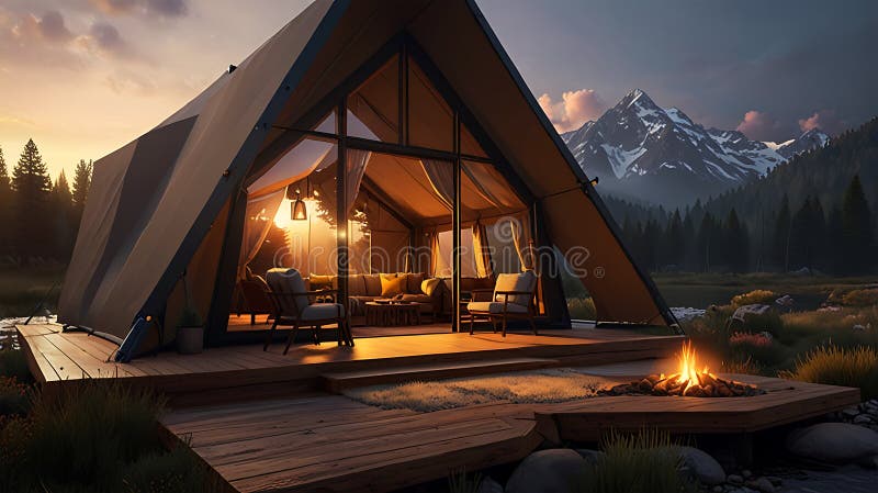 Cozy a-Frame Tent Cabin at Mountain Sunset Stock Illustration ...