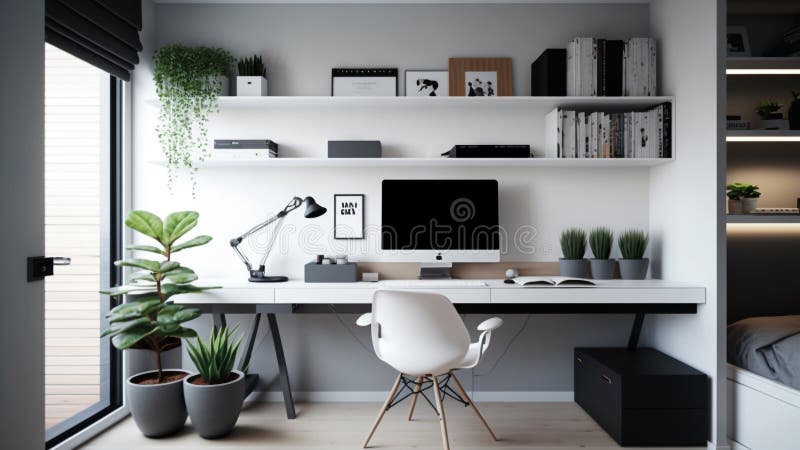Comfortable Home Office with Modern Computer and House Plants in Room ...